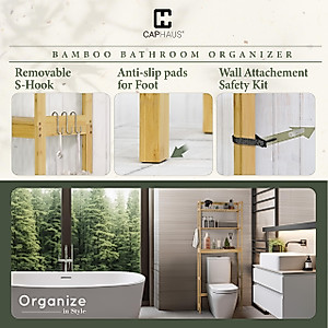 Fencer Wire Bamboo Over The Toilet Storage, Behind Toilet Bathroom Shelf Rack with Hooks & Adjustable Feet, 24 Inch Freestanding Toilet Shelf, Bathroom & Laundry Organizer, Balcony Plant Stand, Black