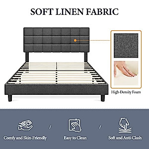 Yaheetech Upholstered Bed Frame, Platform Bed Frame with Square Tufted Fabric Headboard Height Adjustable, Mattress Foundation, Strong Wooden Slats Support, No Box Spring Needed, Dark Grey, Queen
