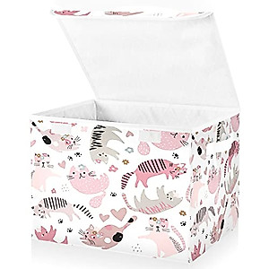 Kigai Pink Cats Storage Basket with Lid Collapsible Storage Bin Fabric Box Closet Organizer for Home Bedroom Office 1 Pack