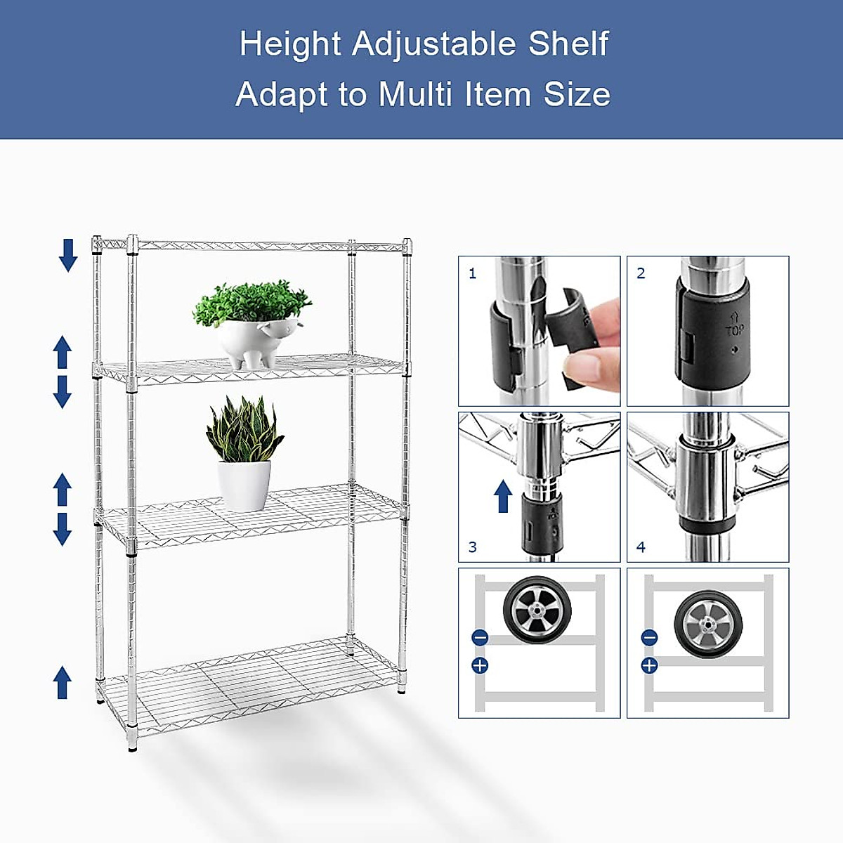 Doredo 4 Tier Wire Shelving Unit, Height Adjustable Wire Shelves with 265 LBS Capacity, Metal Wire Rack Shelving for Laundry, Kitchen, Pantry, Closet (14" D x 35.5" W x 47" H, Chrome)