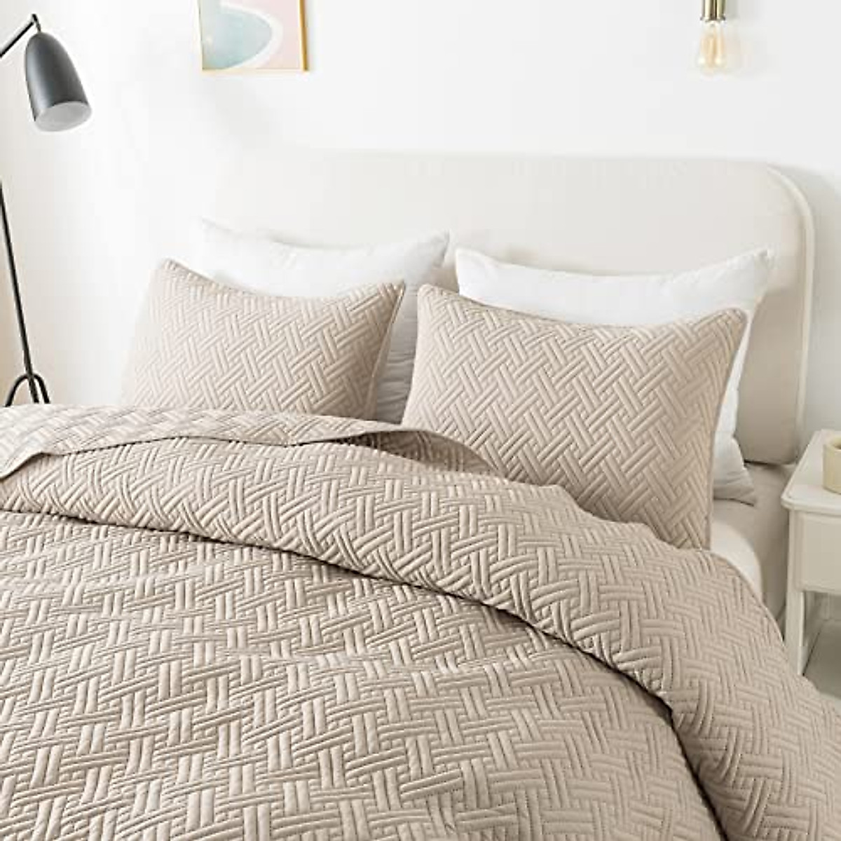 Beige Quilts Queen Size Bedding Sets with Pillow Shams, Tan Cream Lightweight Soft Bedspread Coverlet, Quilted Blanket Thin Comforter Bed Cover, All Season Summer Spring, 3 Pieces, 90x90 inches