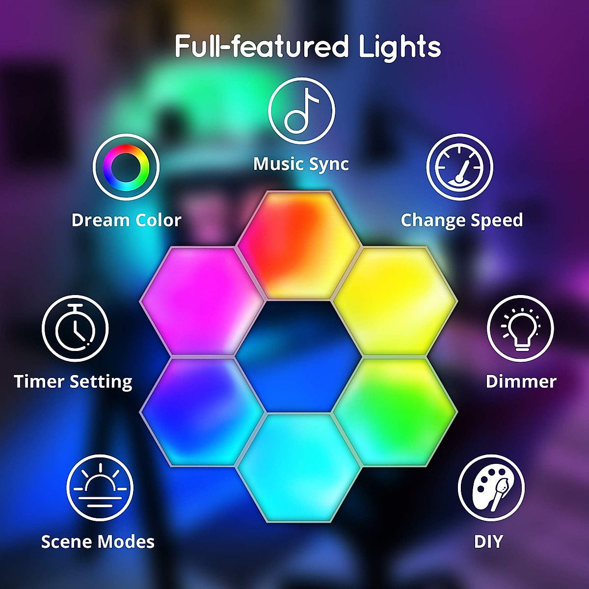 Lumoonosity LED Hexagon Lights - Dream Color Hexagon LED Light - Music Sync Color Changing Hexagon Wall Lights - RGB Hexagon Lights for Bedroom, Gaming Room - Cool Hexagon Wall Panels