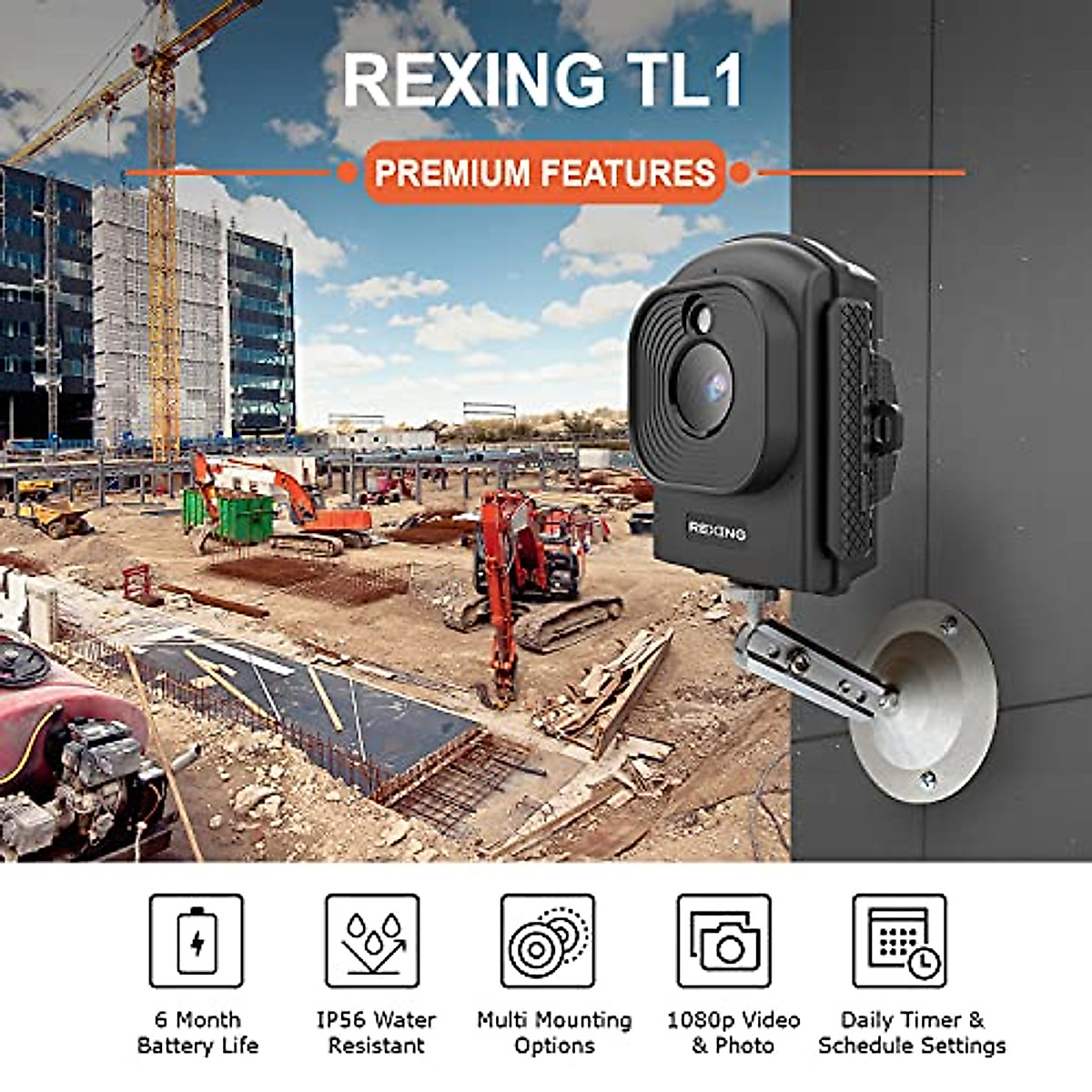 Rexing TL1 Time-Lapse Camera 2.4” LCD 1920x1080 Full HD Video 110° Wide-Angle Lens 6 Month Battery Life 2W White LED Loop Recording, Storage up to 512GB For Photography,Construction,Nature Observation
