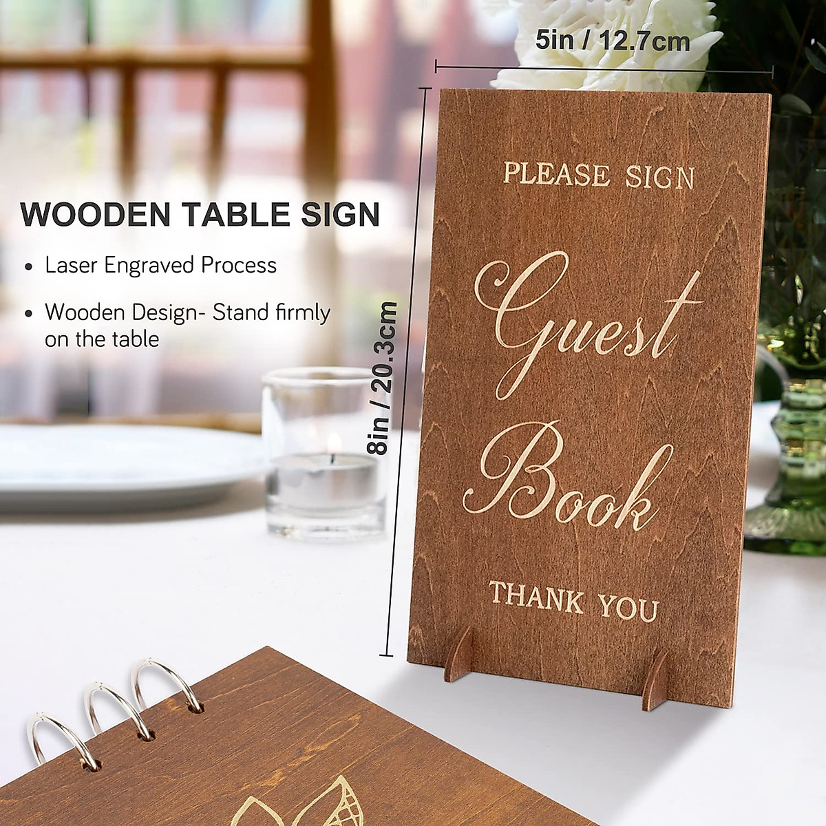 Creawoo Wooden Wedding Guest Book Reception Sign in Guestbook with Table Sign, Pen & Holder, Hardcover Memory Registry Photo Album with 90 White Pages for Wedding, Baby Shower, Birthday-11 x 8.5"