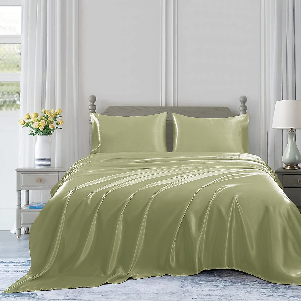 4 Piece Satin Sheet Set Bed Set Twin Size Bed Set 4 Piece Sage Durable & Soft (Flat Sheet + Fitted 18'' + 2 Pillowcases) Bed in a Bag Satin Sheet