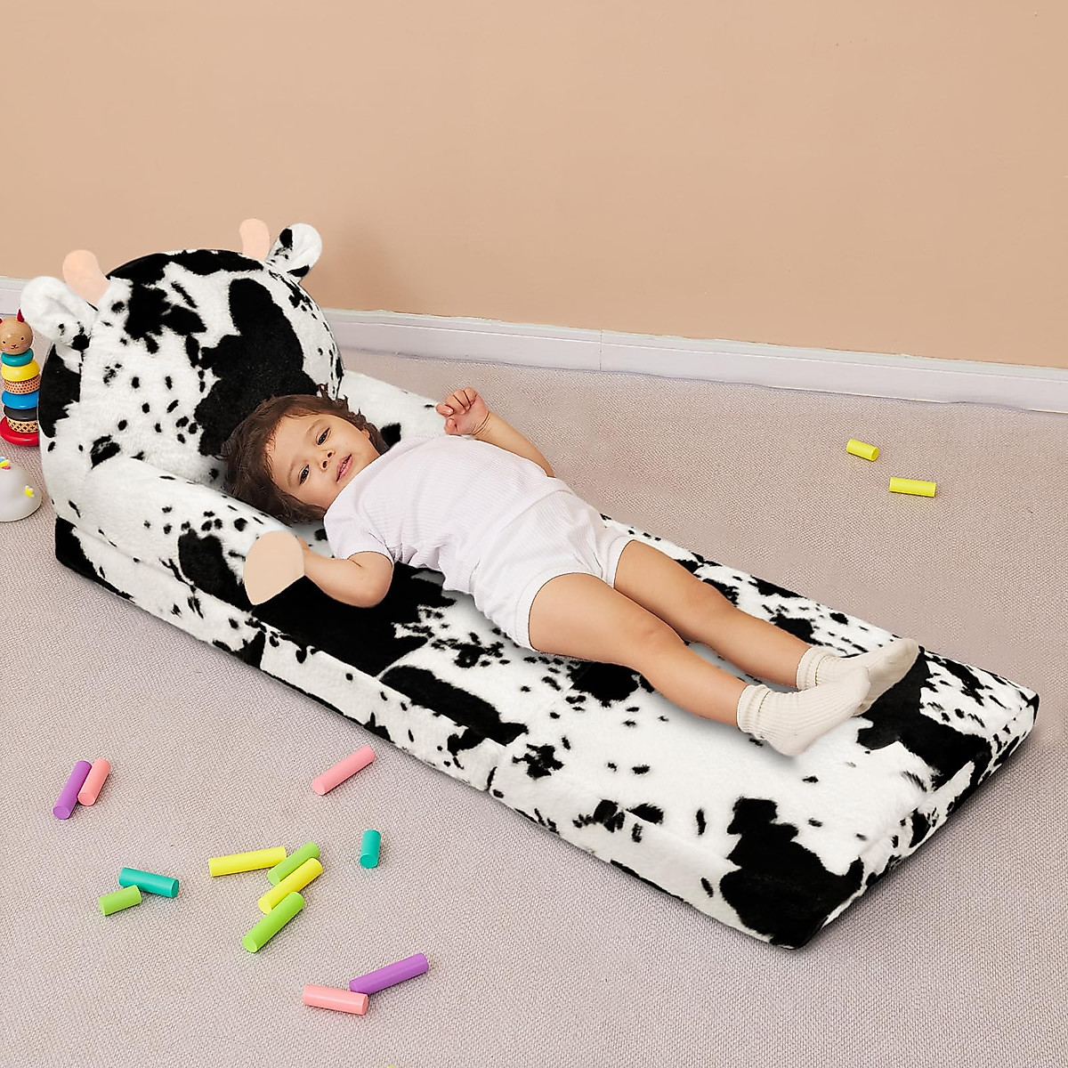 QIUODO Toddler Chair Plush with Removable Cover, Kids Sofa Bed to Lounger, Comfy Kids Couch for Kids Over 18 Months, Toddler Recliners for Kids（Milk Cow）