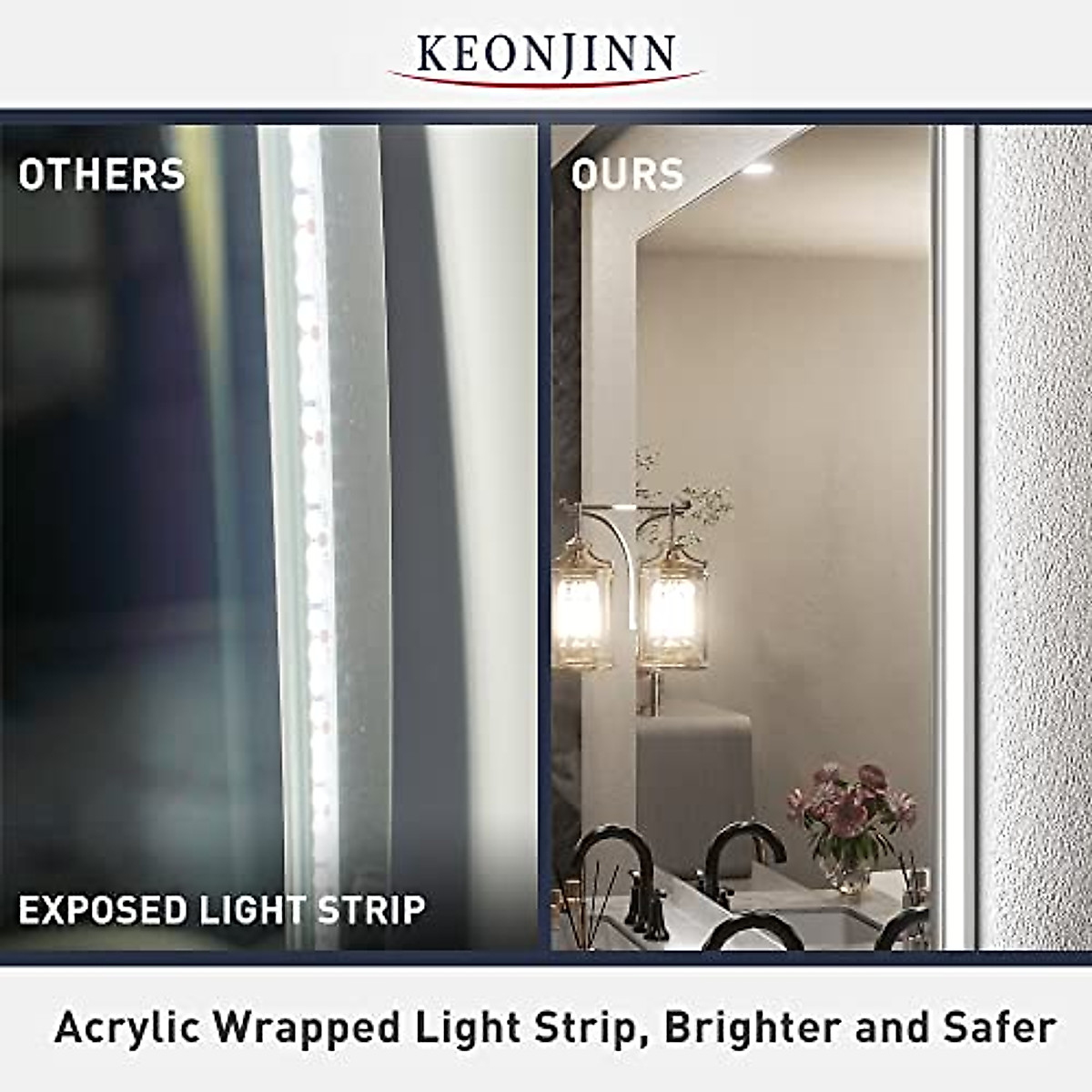 Keonjinn 40 x 32 Inch LED Bathroom Mirror with Lights Acrylic Backlit Vanity Mirror Anti-Fog Lighted Bathroom Mirror for Wall CRI90 High Definition Dimmable Large Makeup Mirror(Horizontal/Vertical)