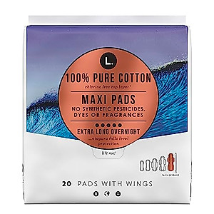 L. Chlorine Free Maxi Pads Extra Long Overnight Absorbency with Wings, Organic Cotton, Free of Chlorine Bleaching, Pesticides, Fragrances, or Dyes, 20 Count