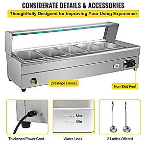 VEVOR Commercial Food Warmer, 5 x 1/2 Pans, 44 Qt Electric Bain Marie with 6" Deep Pans, Stainless Steel Steam Table with Tempered Glass Shield, 1500W Countertop Buffet Warmer with Lids & Ladles, 110V