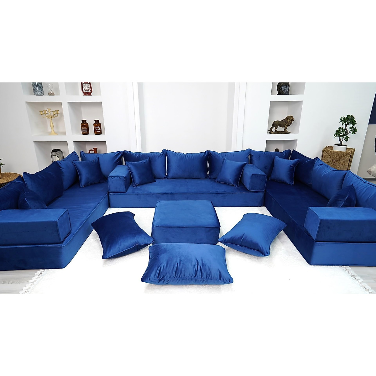 8" Thickness Royal Blue U Shaped Floor Seating Sofas, Sofa Bed Couch, Luxury Velvet Sofas, Moroccan Home Decor Livingroom Sofas, Arabic Seating Sofa (U Sofa + Ottoman + Pillows)