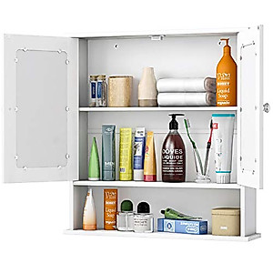 Tangkula Bathroom Cabinet Wall Mounted with Double Mirror Doors, Wood Hanging Cabinet with Doors and Shelves, Bathroom Wall Mirror Cabinet (White)
