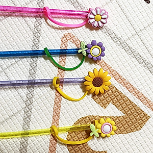 Straw Covers Cap 8pcs Silicone Flowers Straw Cover for Reusable Straws Cute Anti-dust Straw Tips Covers Set,Straw Protector Cover, Reusable Straws Plug for 6-8 Mm(1/4 Inch) Straw Travel Home Outdoor