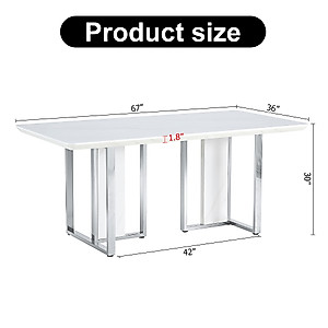 67" Dining Table,White Gloss Kitchen Table,1.57" Thick MDF Board Table Top Coated by Faux Marble Pattern with Chrome Plate Metal Base,Modern Dining Table for 6-8 People