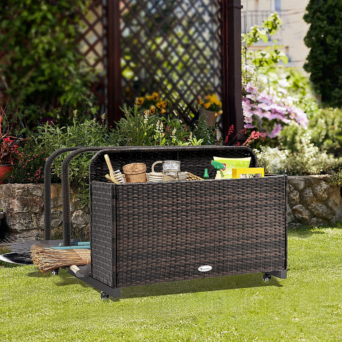 YITAHOME Outdoor Wicker Patio Poolside Float Storage, PE Rattan Rolling Pool Float Caddy for cushions, Floaties, Noodles, Life Vests, Beach Balls, Toys, Patio Furniture (Brown)