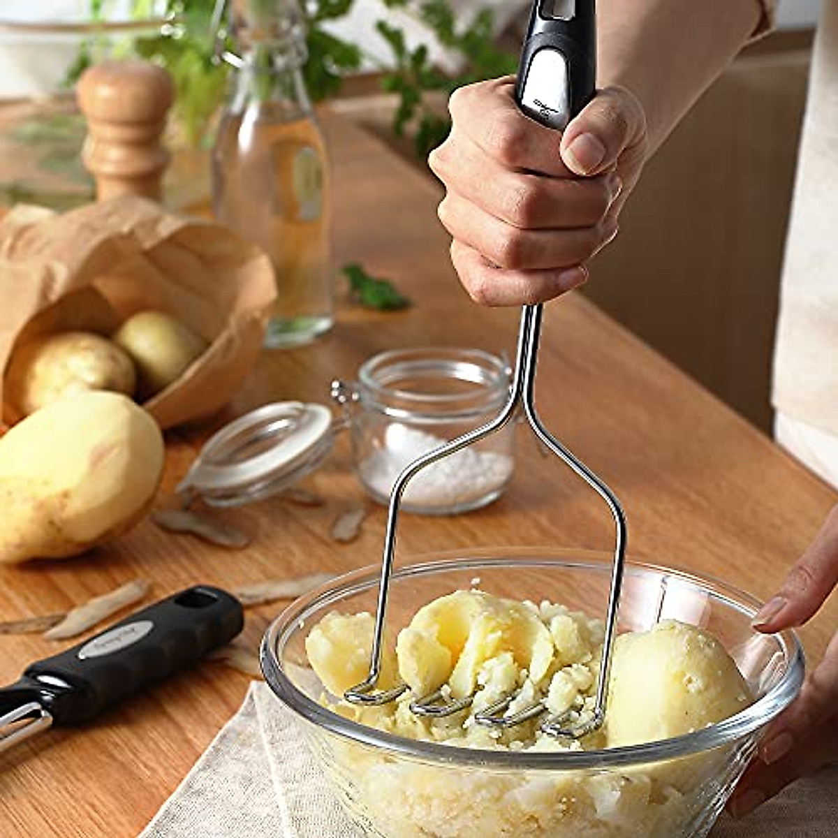 Spring Chef - Must-Have Potato Masher with Long Handle, Easy-to-Clean Stainless Steel Wire Head Masher Kitchen Tool, Includes a High Quality Vegetable Peeler