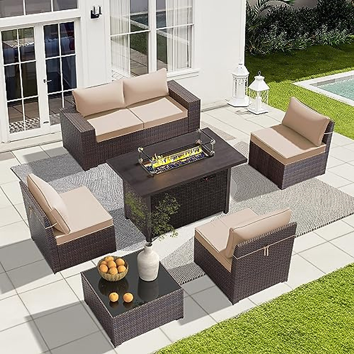 Grezone Patio Outdoor Furniture Sets with Fire Pit Table 7 Piece All Weather Wicker Conversation Sectional Sofa Couch Lawn Sectional Furniture with Washable Couch Cushions and Wicker Table, Beige