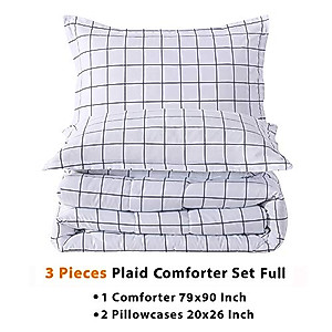Andency White Grid Comforter Full(79x90Inch), 3 Pieces(1 Plaid Comforter and 2 Pillowcases) White Plaid Comforter Set, Microfiber Down Alternative Comforter Bedding Set