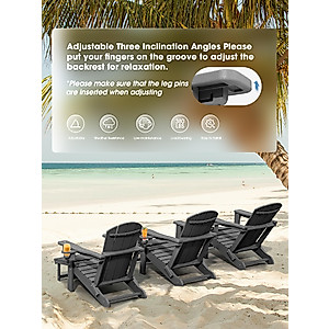 KINGYES Folding Adjustable Adirondack Chair with Retractable Ottoman Set of 2, HDPE All Weather Chair with Cup Holder, Wood-Like Reclining Adirondack Chair - Versatile Adirondack Chair, Grey