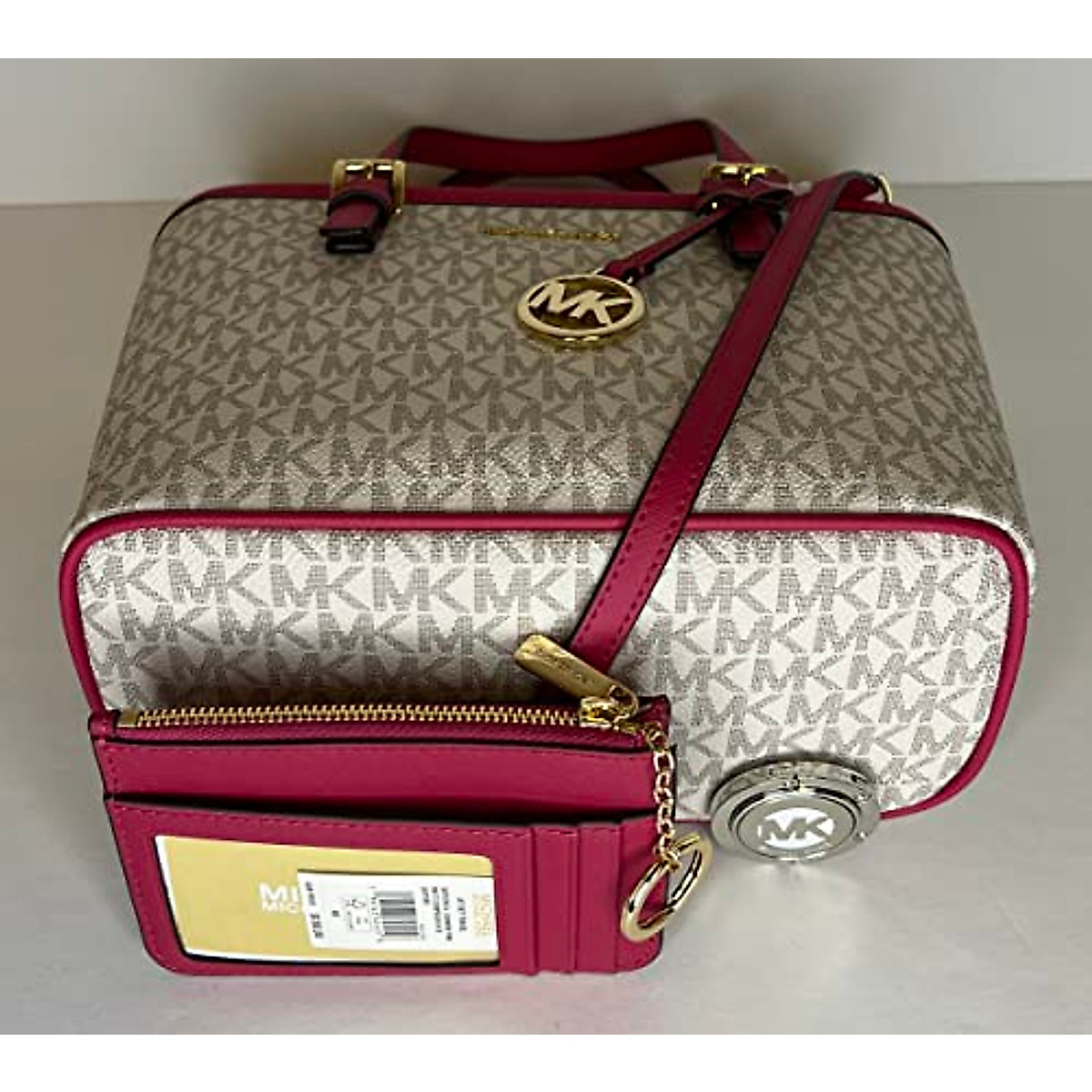Michael Kors Jet Set Travel XS Carryall Convertible Top Zip Tote bundled with SM TZ Coinpouch and Purse Hook (Carmine Pink MK Multi)