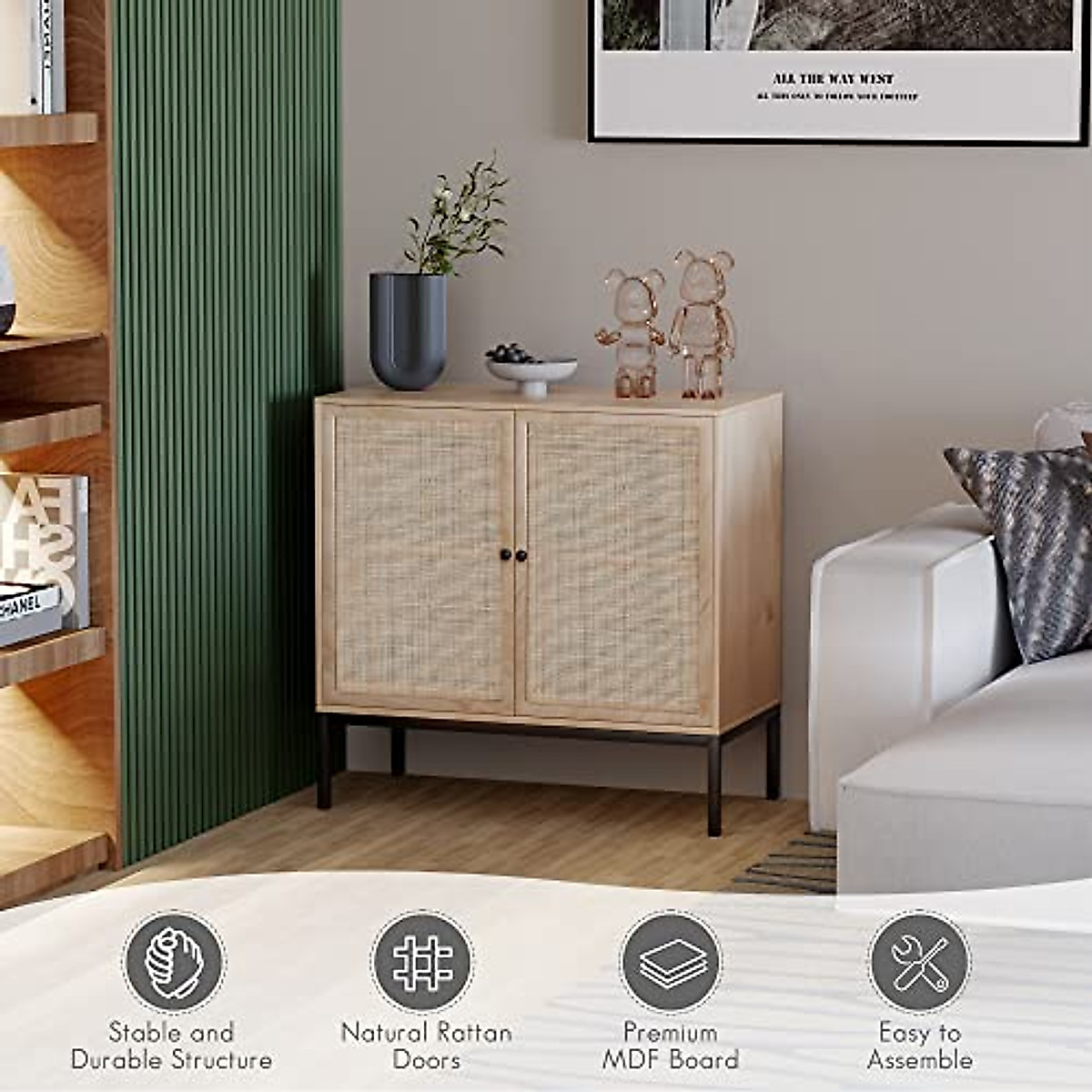 Yechen Sideboard Buffet Storage Cabinet with Handmade Natural Rattan Doors, Accent Cabinet, for Living Room, Dining Room, Entryway, Kitchen, Nature 2