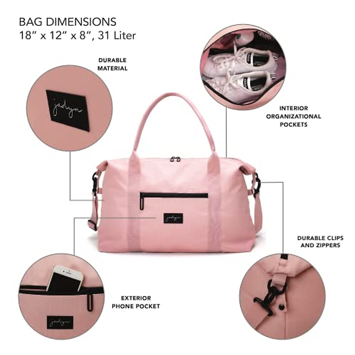 Jadyn Lola Travel Bag, Weekender/Overnight Duffel, Gym Tote Bag for Women (Pink Blush)