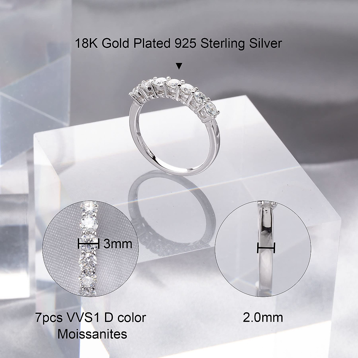 Ladylike Moissanite Wedding Band 18K White Gold Plated 925 Sterling Silver Wedding Rings 0.7ct D Color VVS1 Lab Created Diamond Half Eternity Wedding Band Stackable Ring for Women (8)