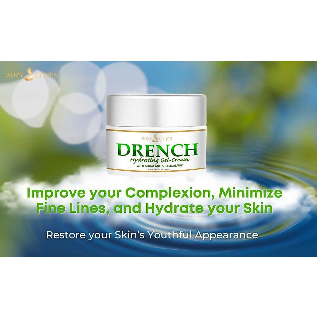 Suzy Cohen Drench Hydrogel Face Moisturizer for Women and Men. Soothes dry, itchy, dull skin and softens fine lines. Anti-aging face cream for dry skin with squalane, aloe, aspen extract & Sym-Calmin.