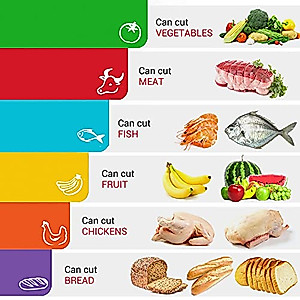 Cutting Board Mats Set, Extra Thick Flexible Plastic Kitchen Chopping Board, Colored Mats with Food Icons & Easy-Grip Handles, Dishwasher Safe, Set of 6