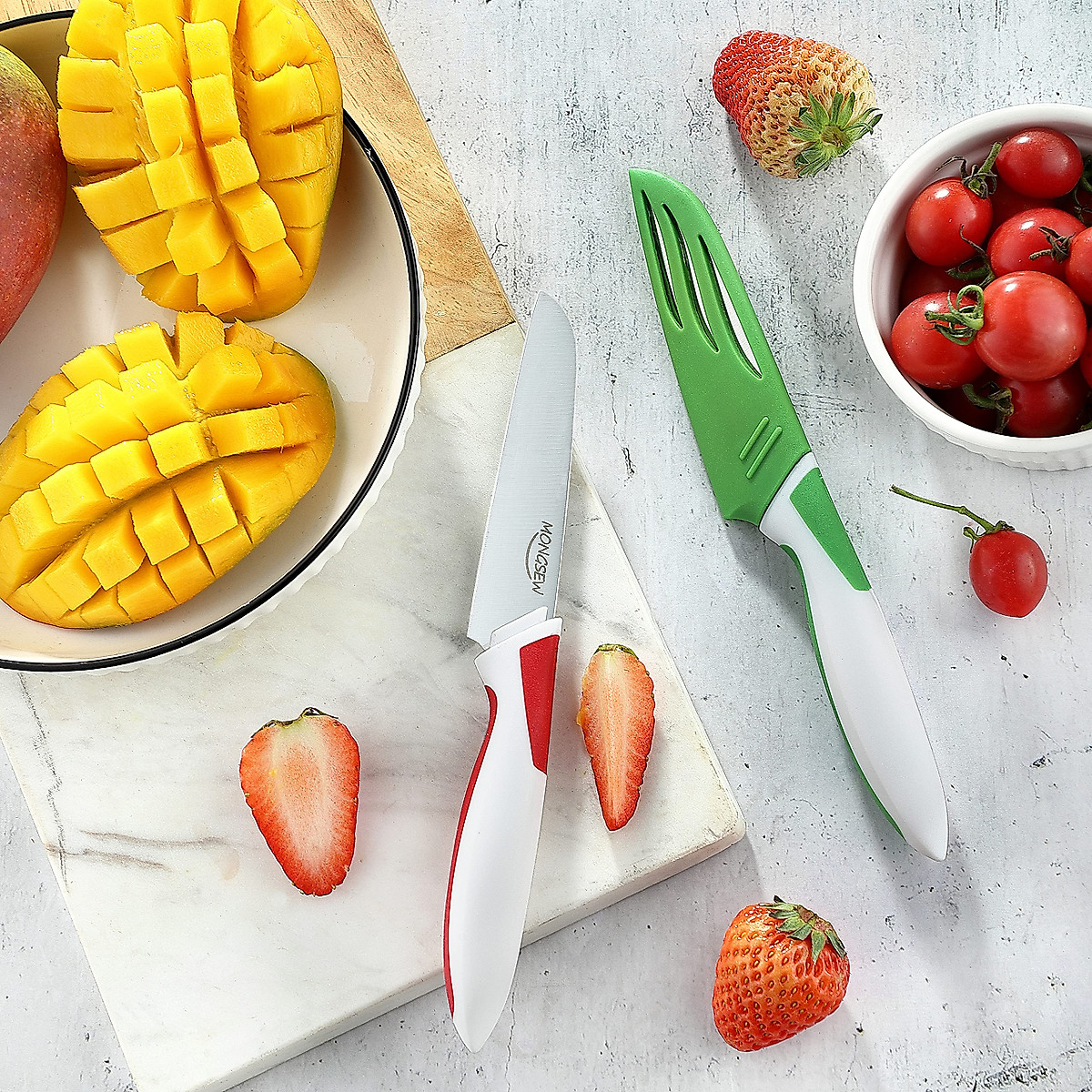 MONGSEW 8 PCS Paring Knives, 4 PCS Paring Knife and 4 PCS Knife Sheath, 4inch fruit and vegetable knife, Stylish Paring Knife Set, German Stainless Steel, Latest Rubber+PP Ergonomic Handle