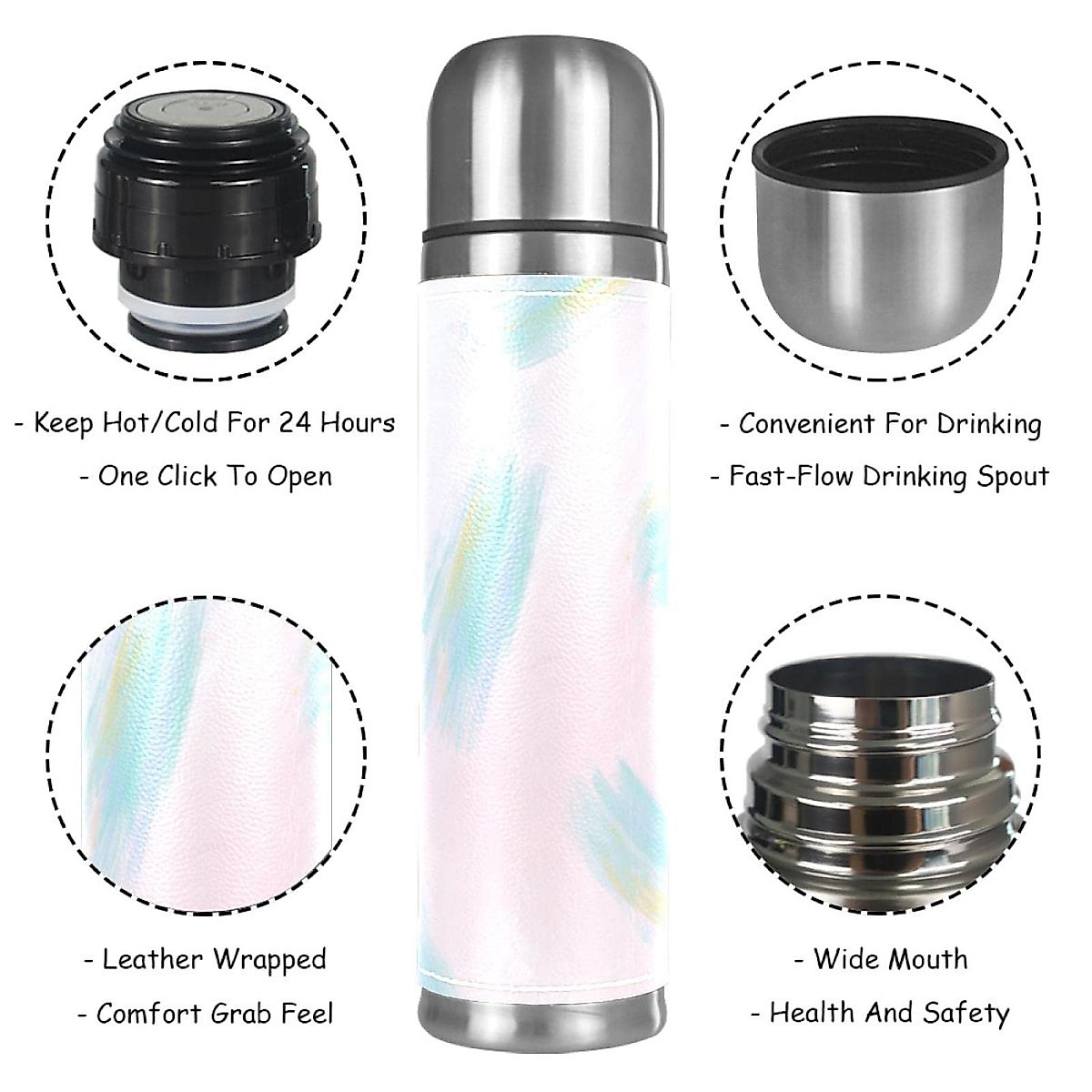 Stainless Steel Leather Vacuum Insulated Mug Colorful Texture Thermos Water Bottle for Hot and Cold Drinks Kids Adults 16 Oz