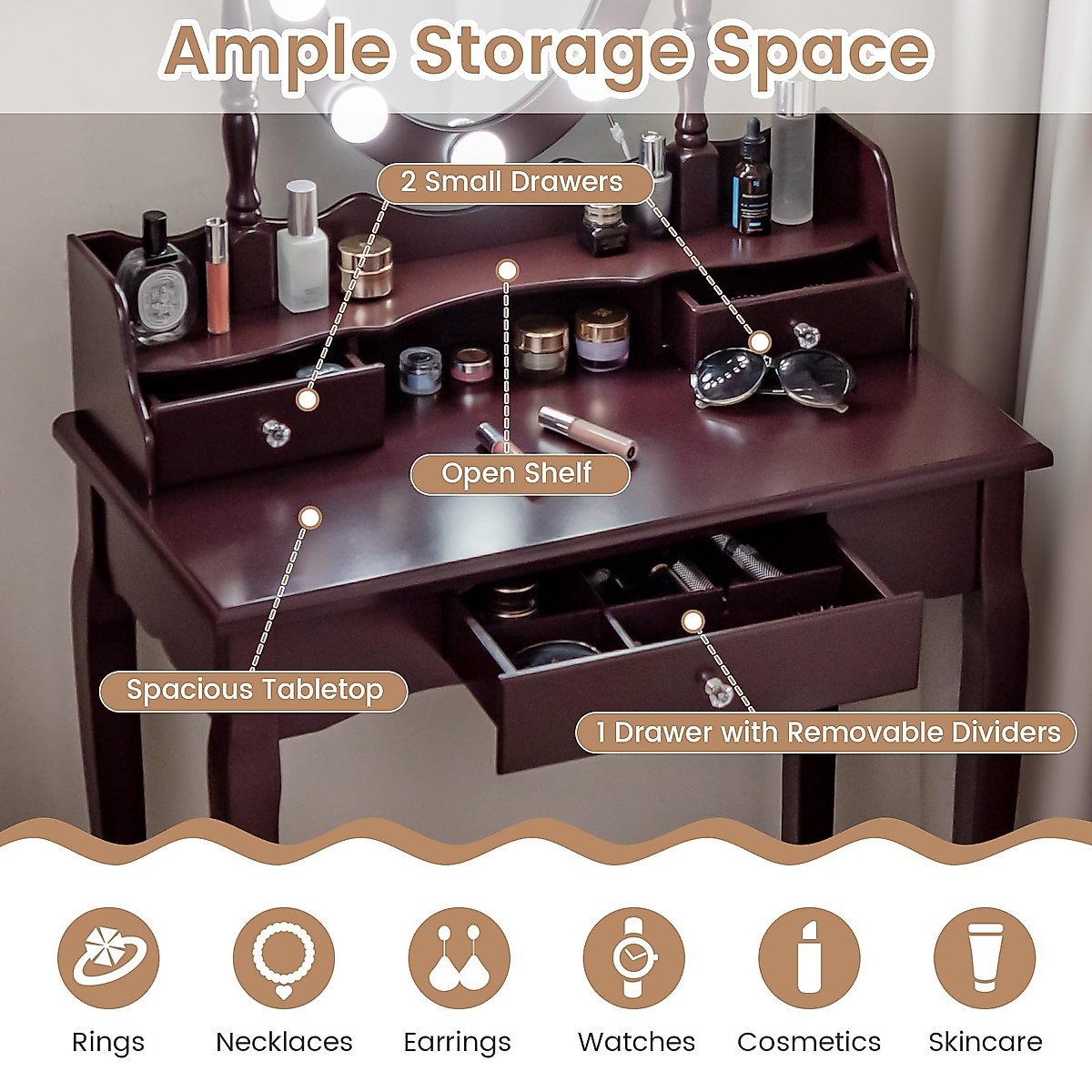 GOFLAME Vanity Table Set with Rotatable Mirror, Makeup Vanity Desk with 3-Color Dimmable LED Lights, 3 Drawers and Cushioned Stool, Dressing Table Set for Bedroom Studio (Brown)