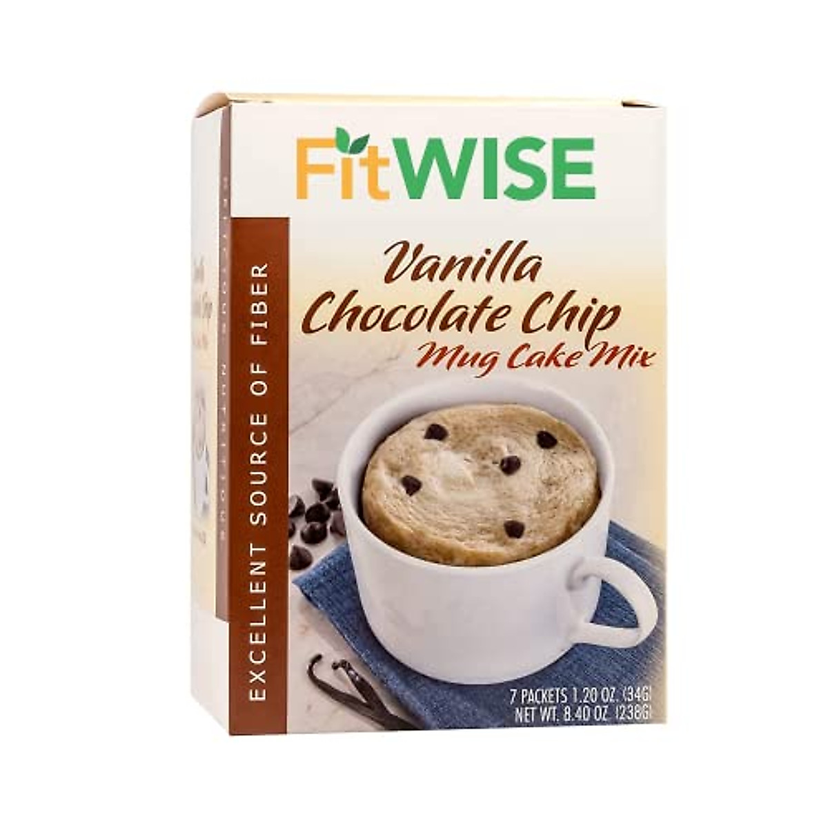 FITWISE - High Protein Mug Cake Mix, 15g Protein, Low Calorie, Low Net Carbs, Low Fat, High Fiber, Gluten Free, Ideal Protein Compatible, 7 Servings Per Box (Vanilla Chocolate Chip)