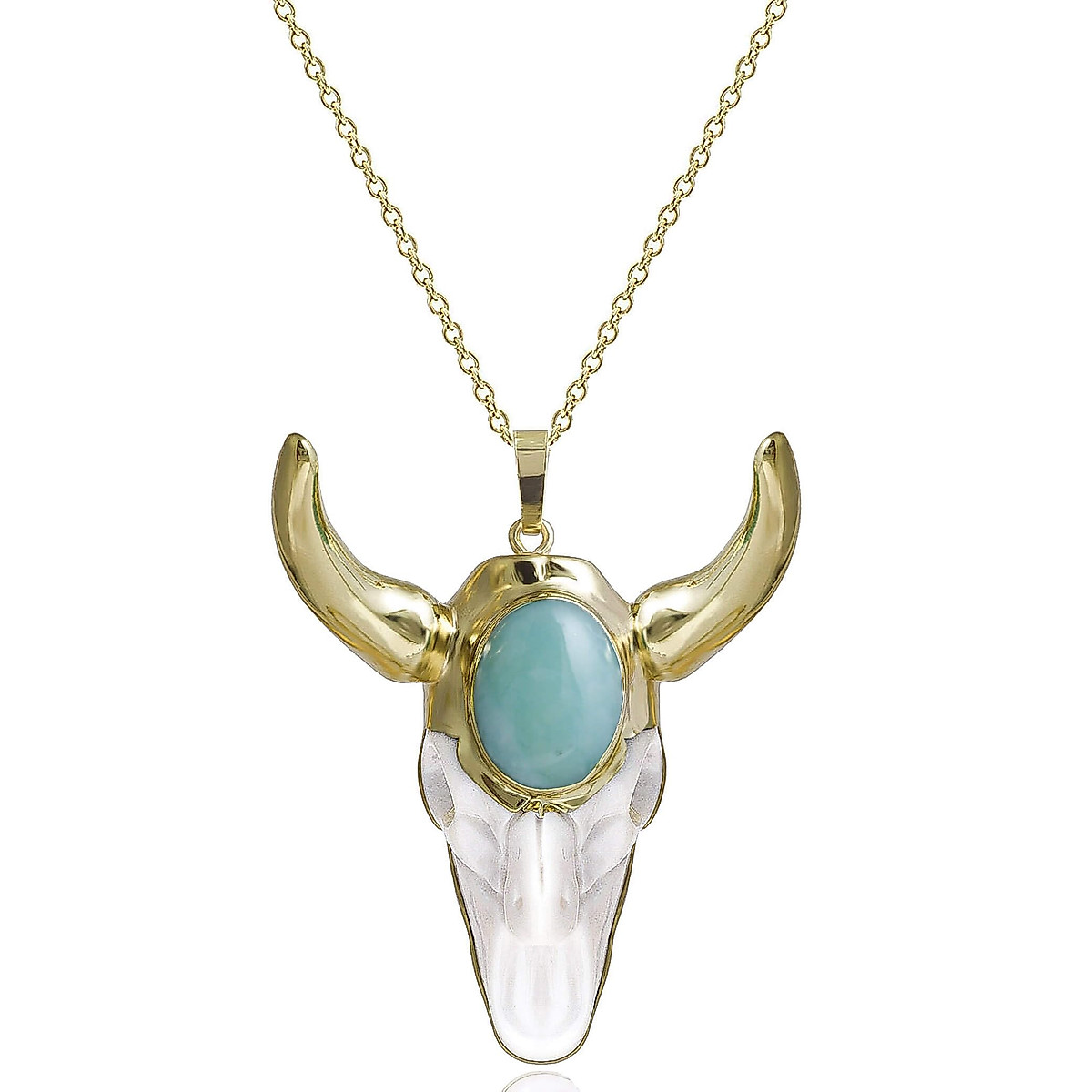 Ladywowu Bull Skull Necklace Gold, Faceted Polished Amazonite Necklace, Bohemian Bull Necklace for Women Western, Unisex Punk Retro Skull Jewelry for Men