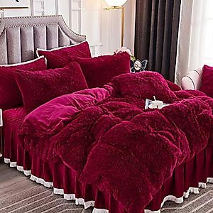 JAUXIO Luxury Long Faux Fur 3 PCS Bedding Set Shaggy Comforter Duvet Cover with Pillow Shams Ultra Soft Crystal Velvet Reverse (Queen, Burgundy)