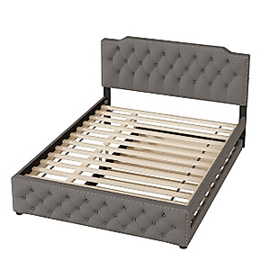 JIVOIT Queen Size Upholstered Platform Bed with Twin Trundle and 2 Sets of USB Ports on Each Side, Linen Fabric Upholstered Bed with Button-Tufted Headboard and Footboard (Gray,Trundle,USB Ports)