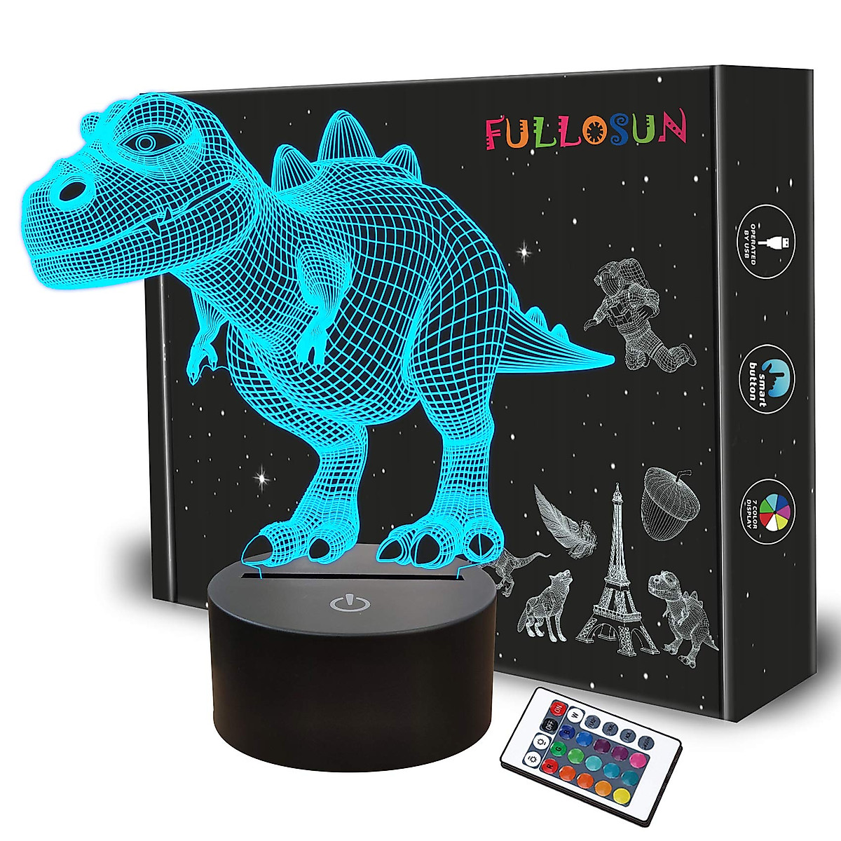 FULLOSUN Night Light for Kids Dinosaur T-rex 3D Night Light Bedside Lamp 16 Colors Changing with Remote Control, Xmas Halloween Birthday Gift for Child Baby Boy