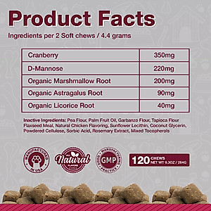 Pawlife Cranberry Supplements for Dogs| Urinary Tract & Bladder Support| D Mannose & Antioxidants for Support| 120 Veterinarian Formulated Soft Chews| Up to 4-Month Supply