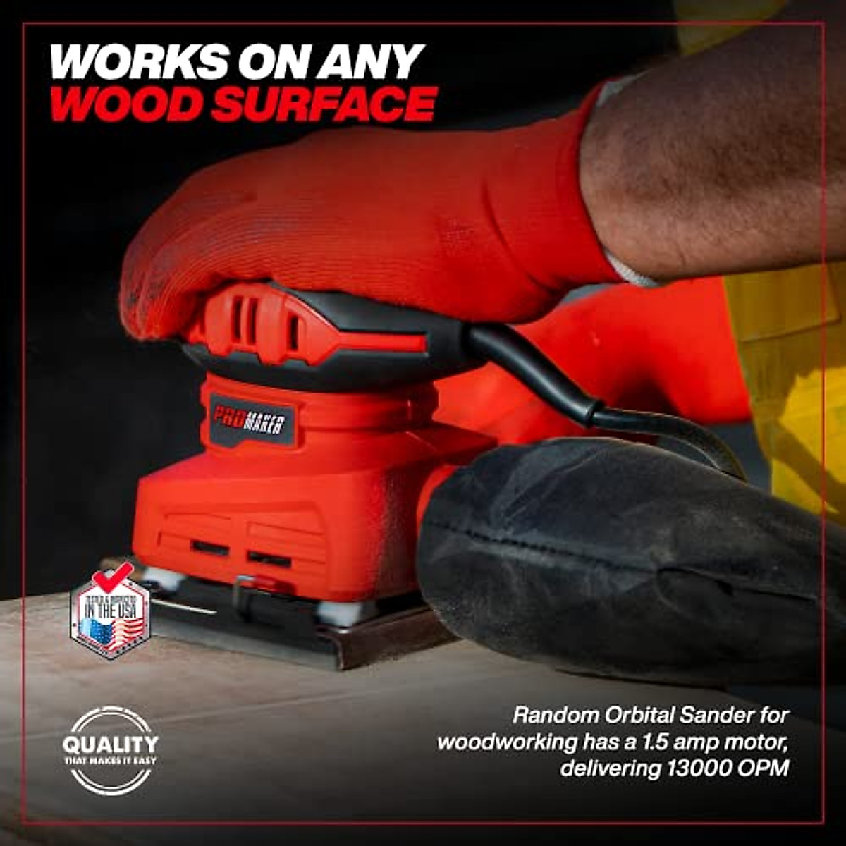 PROMAKER Palm Sander, 1/4 Sander with 1 pcs Sandpaper, 1.5 AMP, Hand sander with Dust Bag, 3000 OPM, Electric Sander for Woodworking. 180W, PRO-LO180