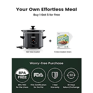 KOOC Small Slow Cooker, 2-Quart, Free Liners Included for Easy Clean-up, Upgraded Ceramic Pot, Adjustable Temp, Nutrient Loss Reduction, Stainless Steel, Black, Round…