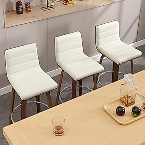 Bekrvio Bar Stools Set of 3 Swivel Bar Stools with Backs, 29 Inch Bar Height Upholstered PU Leather Barstool, L Shape Back, Padded Seat, Mid-Century Modern Bar Stool Chairs for Kitchen Island, White