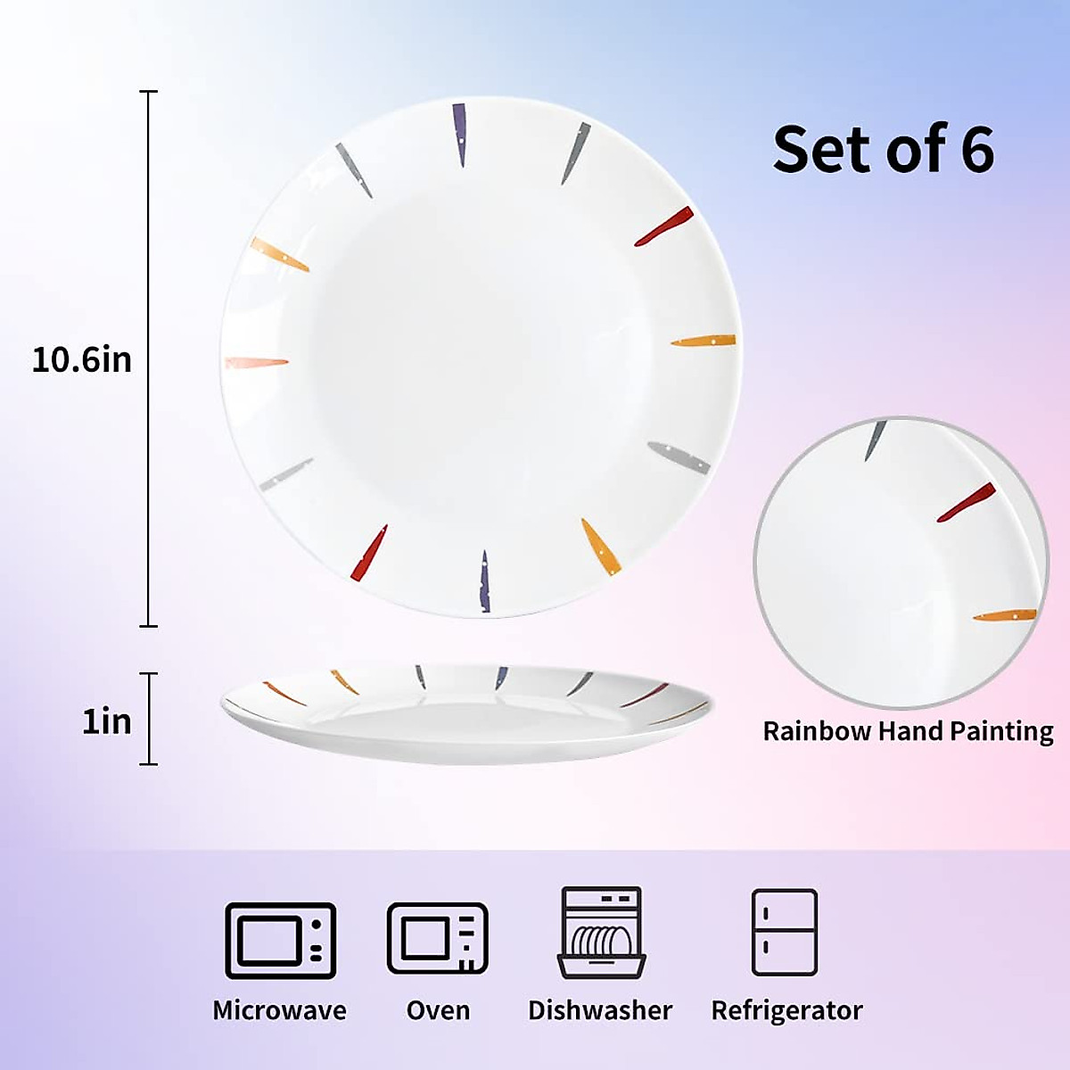 KITOECOFR 10.5" Dinner Plates Set of 6,Rainbow Glass Ceramic Plates,Lead-Free & Non-Toxic,Flat Stackable - Microwave,Oven & Dishwasher Safe