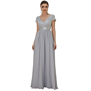 Ever-Pretty Women's Sequin V-Neck A-line Short Sleeves Empire Waist Maxi Evening Party Dress Silver US16
