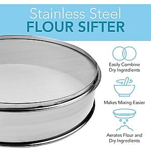 Vollum Stainless Steel Flour Sifter Fine Mesh Round Flour Sifter for Baking 8" Diameter x 2.5" High; Mesh-Hole Size 0.85mm