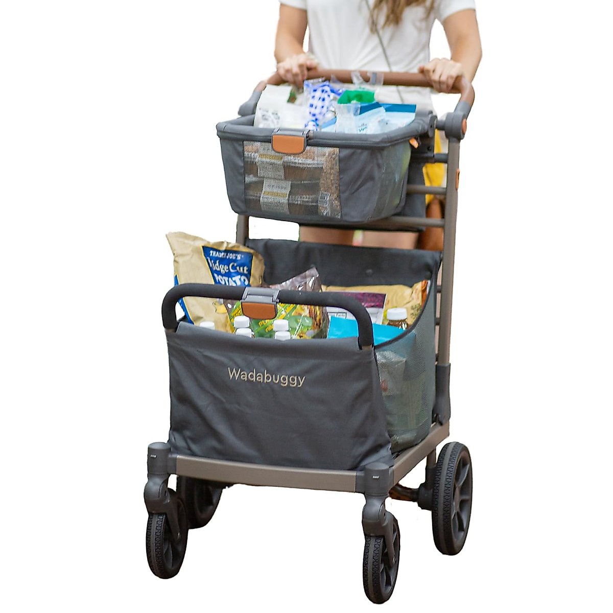 Wadabuggy Heavy Duty Folding Shopping & Utility Cart, Glides Effortlessly - Easy to Maneuver, Lightweight Push & Pull Behind Cart w/3 Storage Baskets