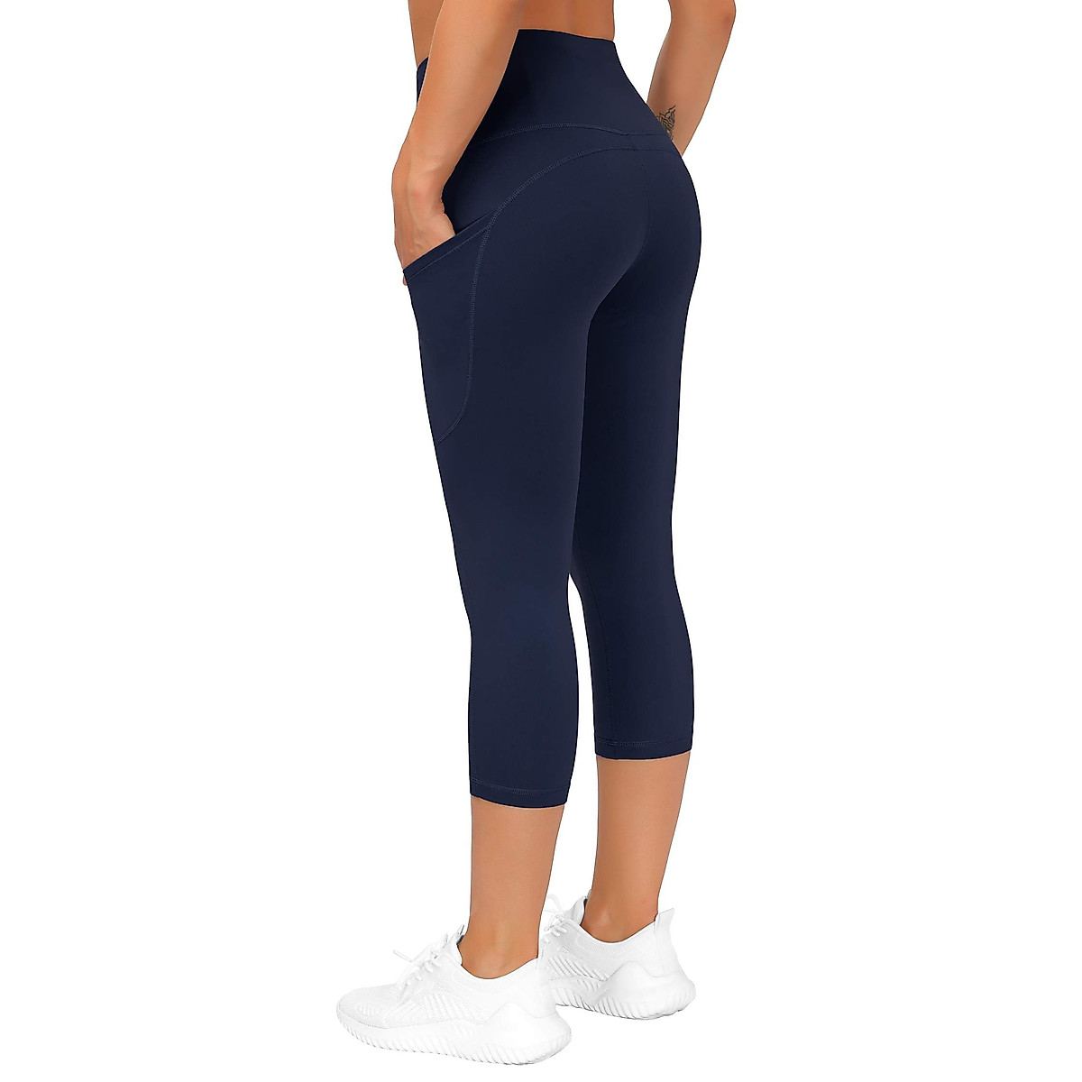 THE GYM PEOPLE Thick High Waist Capris Yoga Pants with Pockets, Tummy Control Workout Running Yoga Leggings for Women Navy Blue