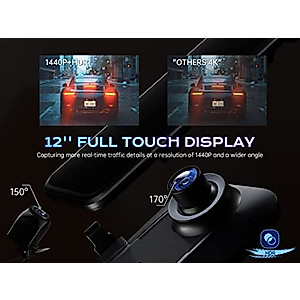 Pelsee P12 Mirror Dash Cam, 12'' 1440P QHD Front and Rear View Mirror Camera, Dual Dash Cam for Cars and Trucks, Night Vision, Voice Control, Parking Assistance, Reversing Assistance