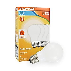 Sylvania Reduced Eye Strain A19 LED Light Bulb, 60W = 8W, 13 Year, Dimmable, Frosted, 2700K, Soft White - 4 Pk