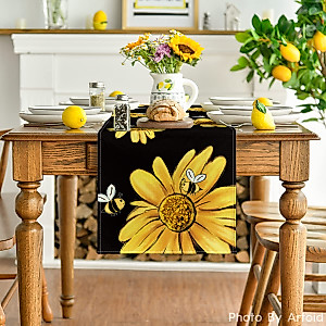 Artoid Mode Bee Sunflower Table Runner Black, Seasonal Spring Summer Flowers Holiday Kitchen Dining Table Decoration for Home Party Decor 13 x 72 Inch