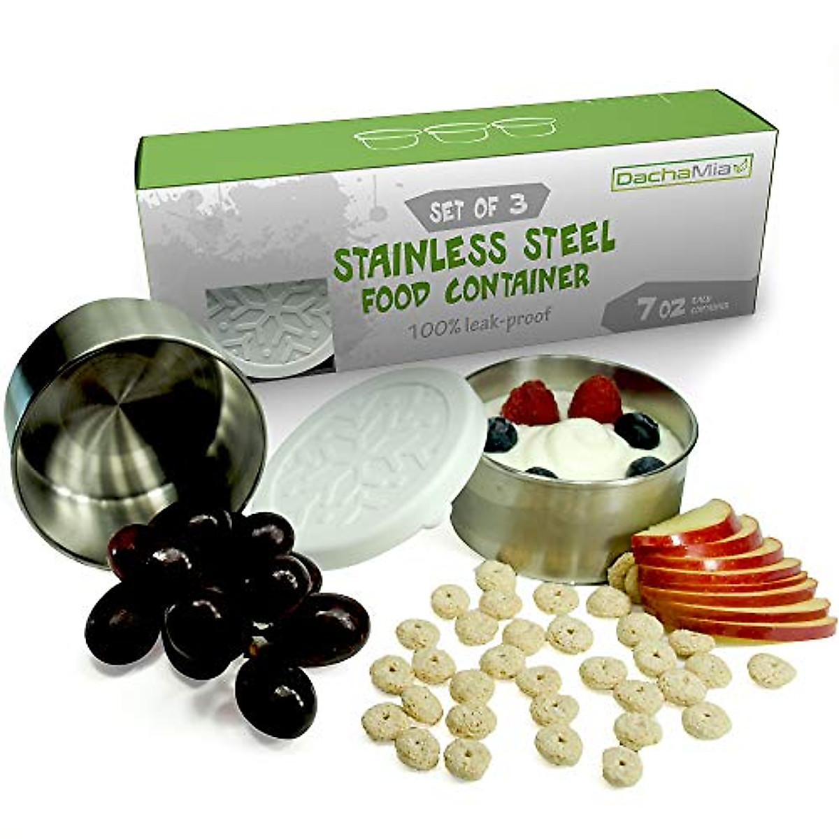 Dacha Mia Stainless Steel Food Storage Containers - Dips Condiment Containers - Set of 3-7oz - Eco Friendly Lunch Containers - Silicone Lids - Portion Control - Reusable