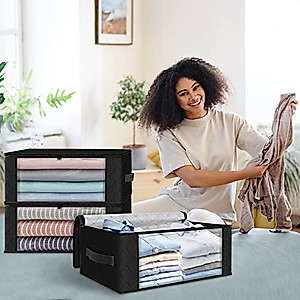 HomeHacks Storage 4-Pack Clothes Organizer Storage Bags Foldable Storage Box with Large Clear Window Sturdy Handles for Closet, Dorm, Pillows, Bedding, Clothes, Stuffed Toys, Blankets, 35L, Black